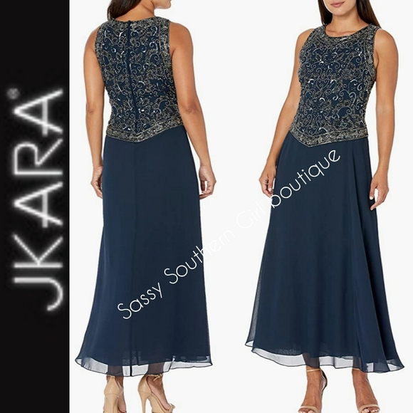 J Kara | Dresses | Jkara Navy Blue Womens Sequin Beaded Formal Dress ...